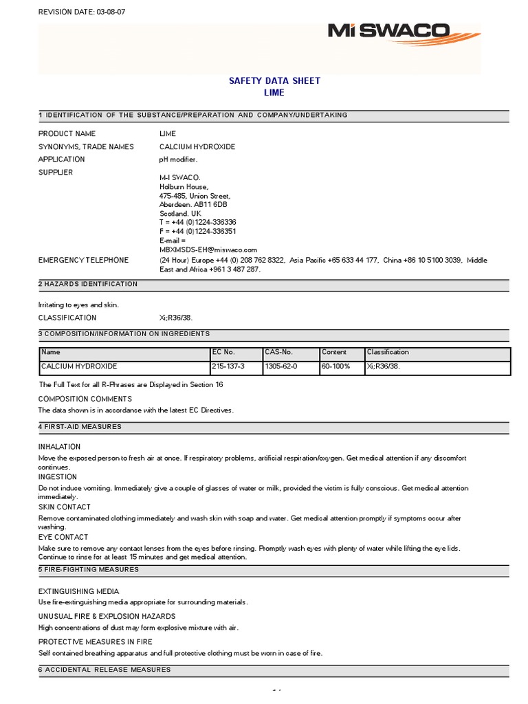 MSDS - Lime | PDF | Personal Protective Equipment | Chemistry