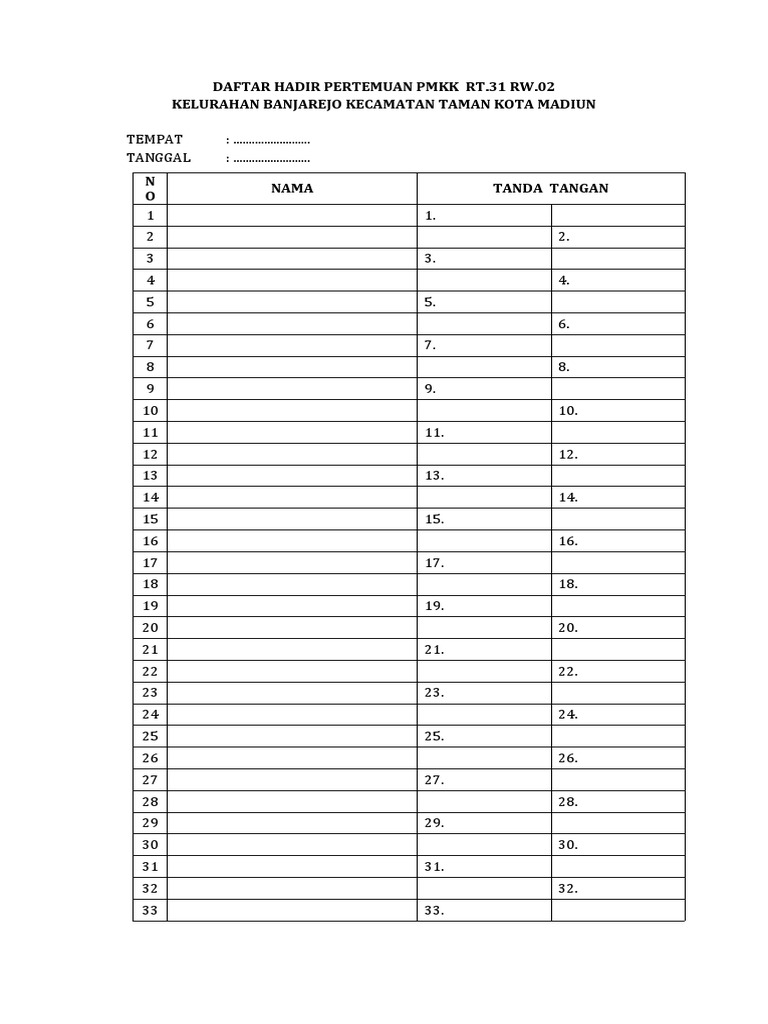 Daftar Hadir Pertemuan PKK RT | PDF
