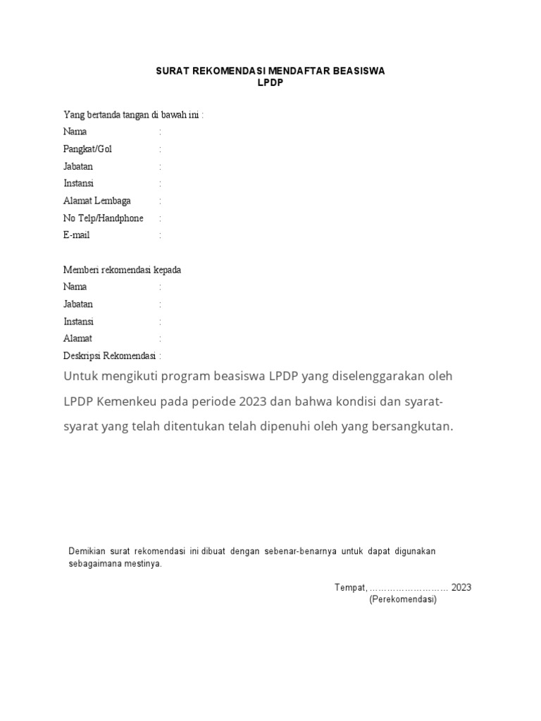 Surat Rekomendasi Mendaftar Beasiswa LPDP | PDF