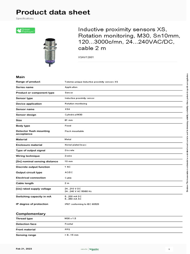 XSAV12801 Inductive Sensor Data Sheet | PDF | Alternating Current | Sensor