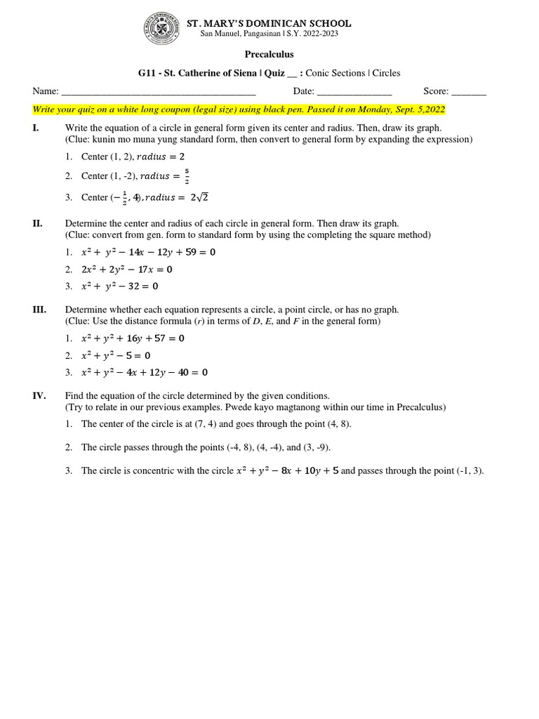 Precalculus Quiz Q1 | PDF