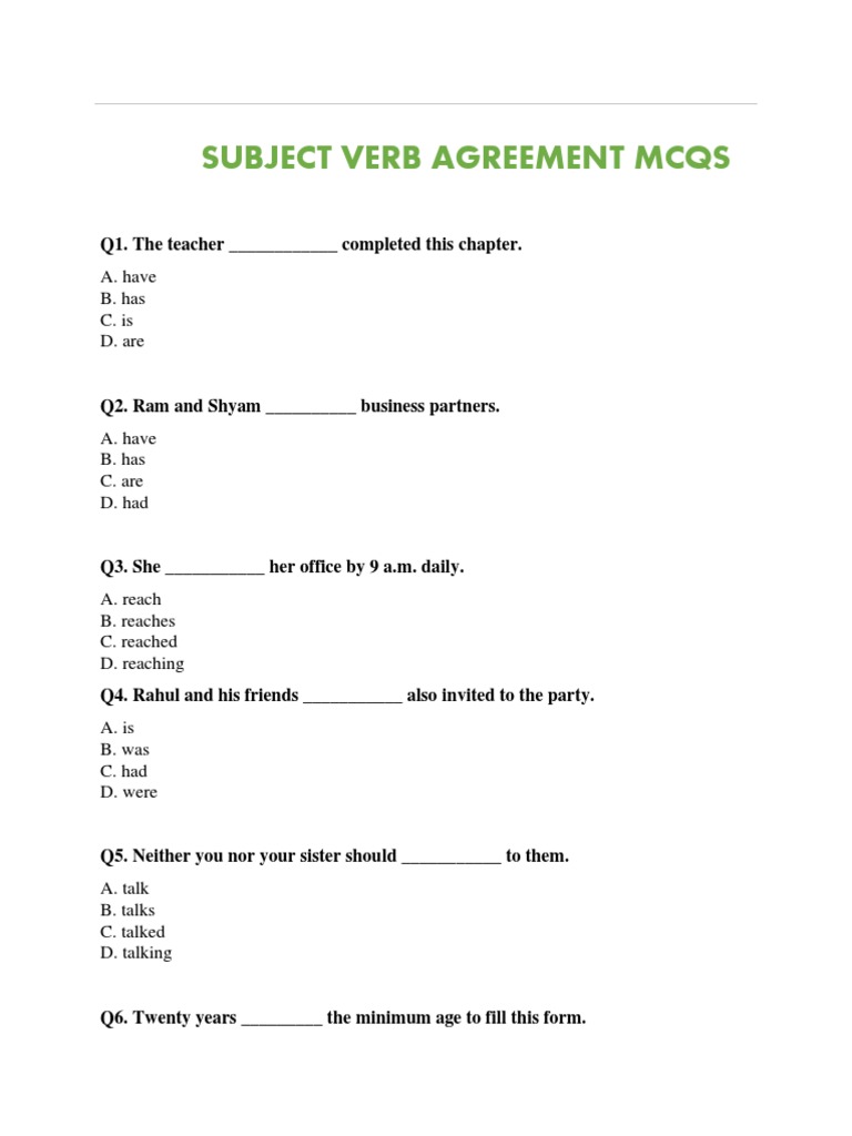 Subject Verb Agreement Mcqs-1 | PDF
