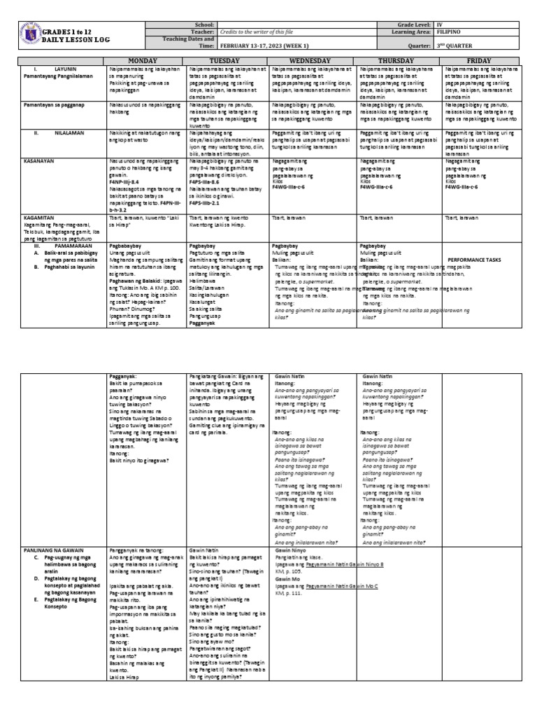 DLL - Filipino 4 - Q3 - W1 | PDF