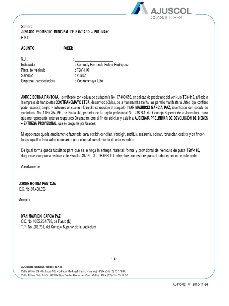 Poder para Audiencia de Devolución | PDF