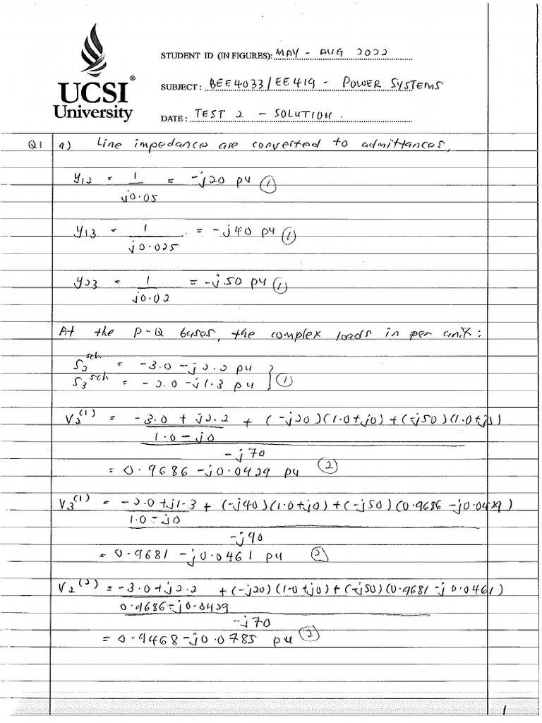 02-BEE4033 EE419-Power Systems-Test 2-Solution | PDF