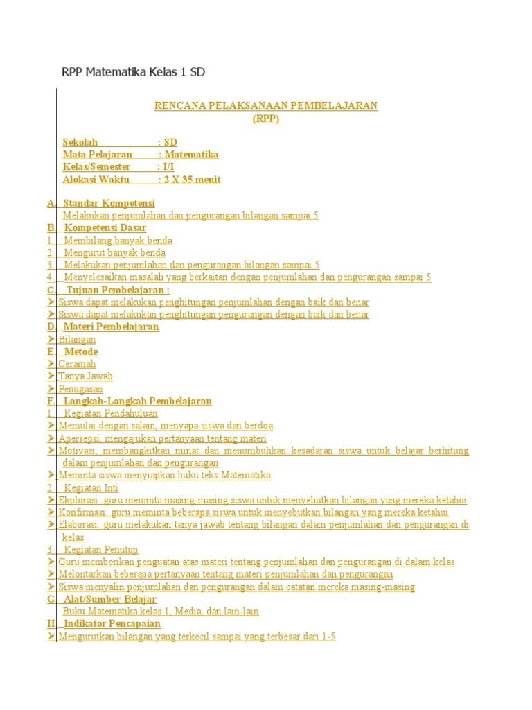 RPP Matematika Kelas 1 SD | PDF