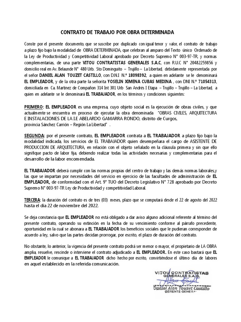 Arquitectura - Contrato de Trabajo Por Obra Determinada | PDF | Finanzas y dinero | Derecho