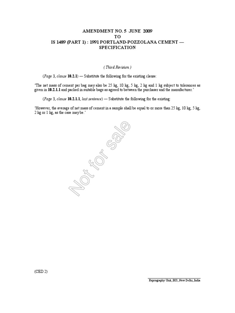 Not For Sale: Amendment No. 5 June 2009 TO Is 1489 (Part 1) : 1991 ...