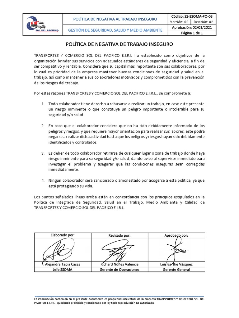 3. Política de Negativa al Trabajo inseguro 2021 | PDF | Valores