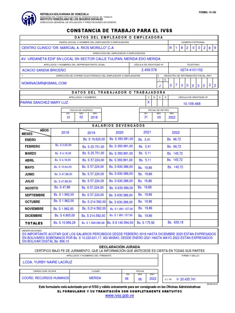 Constancia de Trabajo IVSS Venezuela | PDF