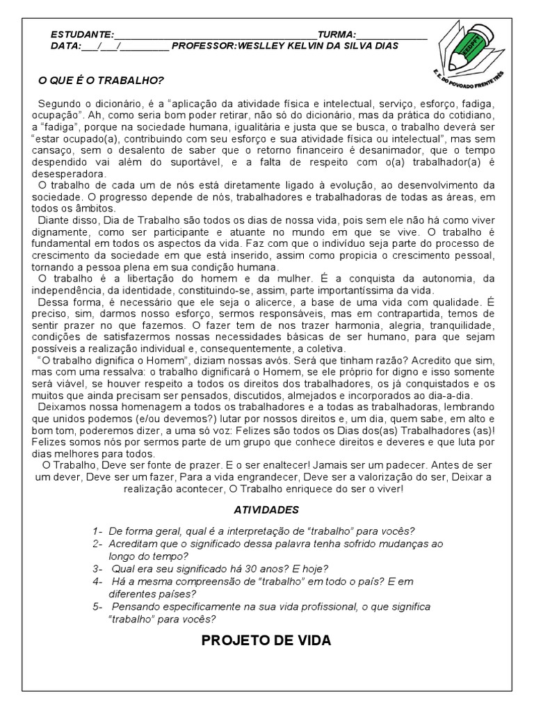 Projeto De Vida 3º Ano Trabalho Pdf Humano Vida