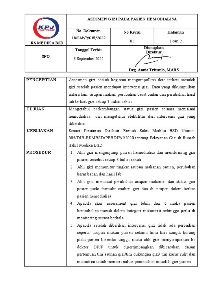 SPO Asesmen Gizi Pada Pasien Hemodialisa | PDF | Kesehatan Holistik