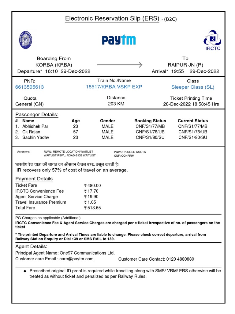Ticket Confirmation for Travel from KORBA to RAIPUR on December 29th, 2022 | PDF | Identity Document