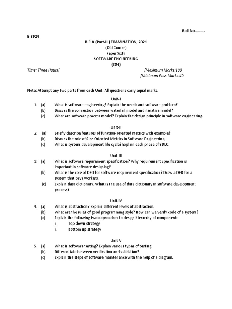 Bca Part 3 Software Engineering e 3924 2021 | PDF