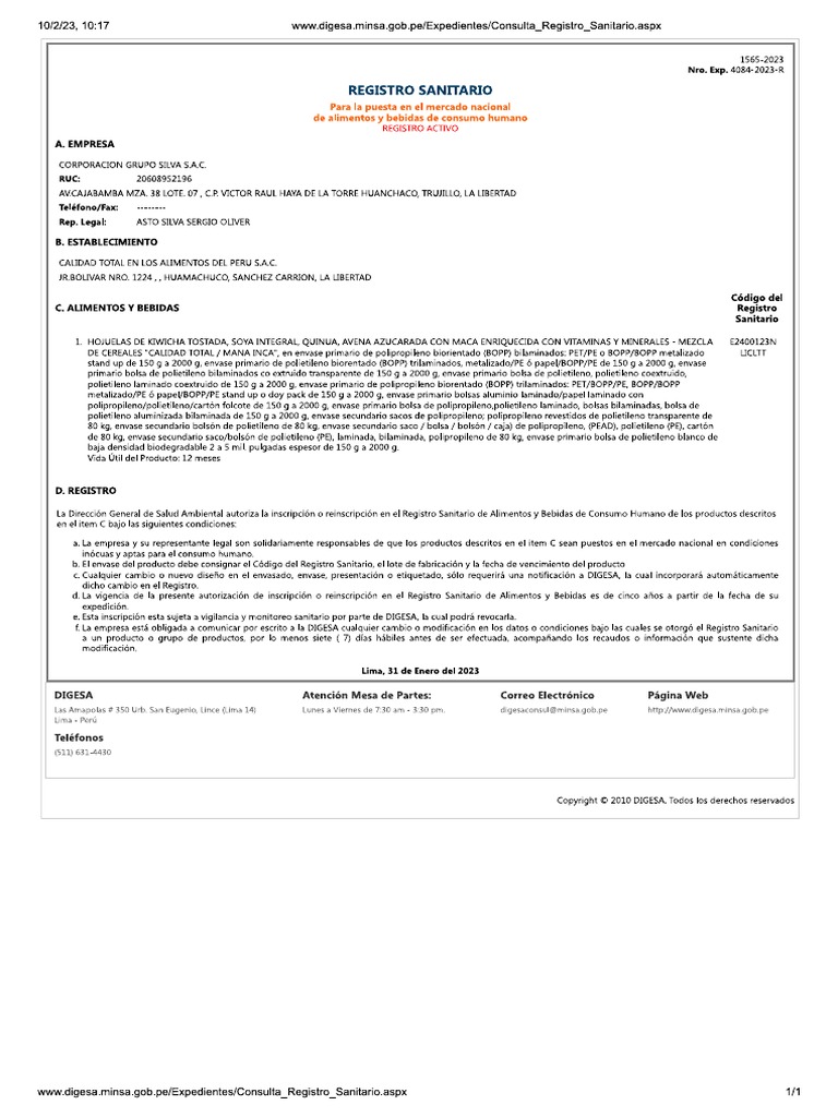 WWW - Digesa.minsa - Gob.pe Expedientes Consulta Registro Sanitario | PDF