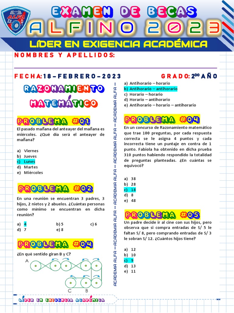 Examenes de Beca 2023 Alfa Segundo de Secundaria Clave | PDF