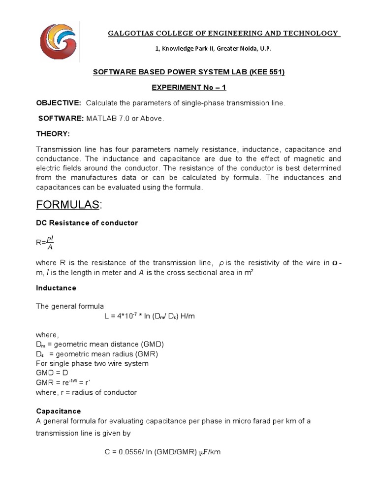 Calculation of Parameters for a Single-Phase Transmission Line Using MATLAB | PDF