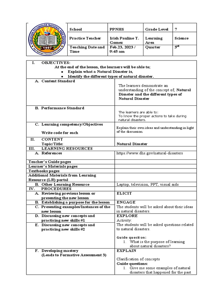 Lesson Plan Natural Disasters 7 | PDF | Learning | Pedagogy