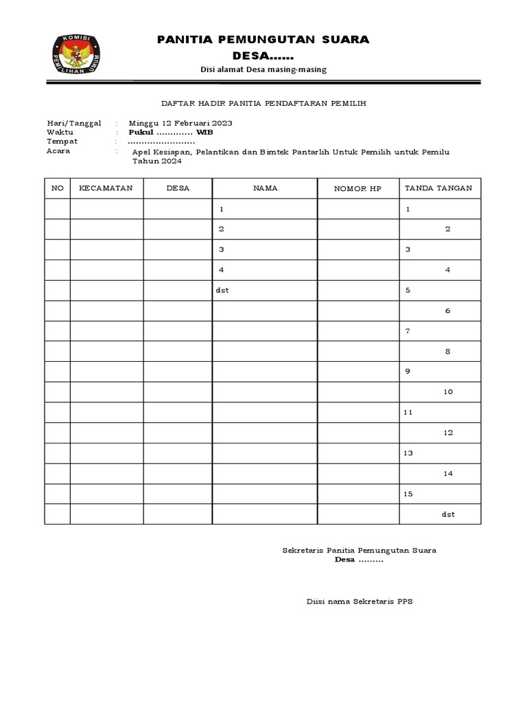 Contoh Daftar Hadir Pantarlih | PDF