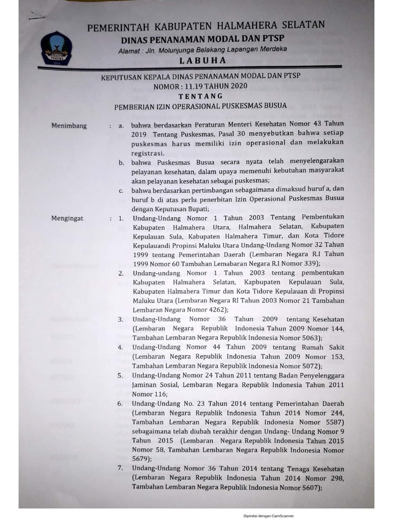 Izin Operasional PKM Busua | PDF