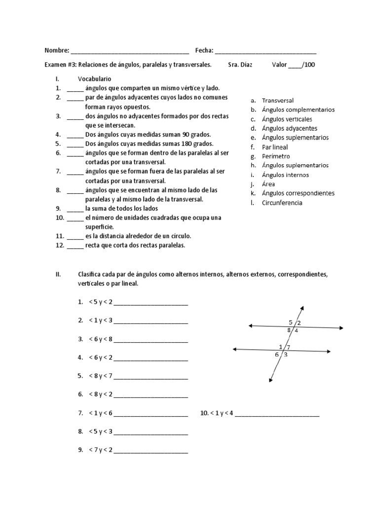 Examen 3 Relaciones de Angulos, Paralelas y Transversales | PDF ...