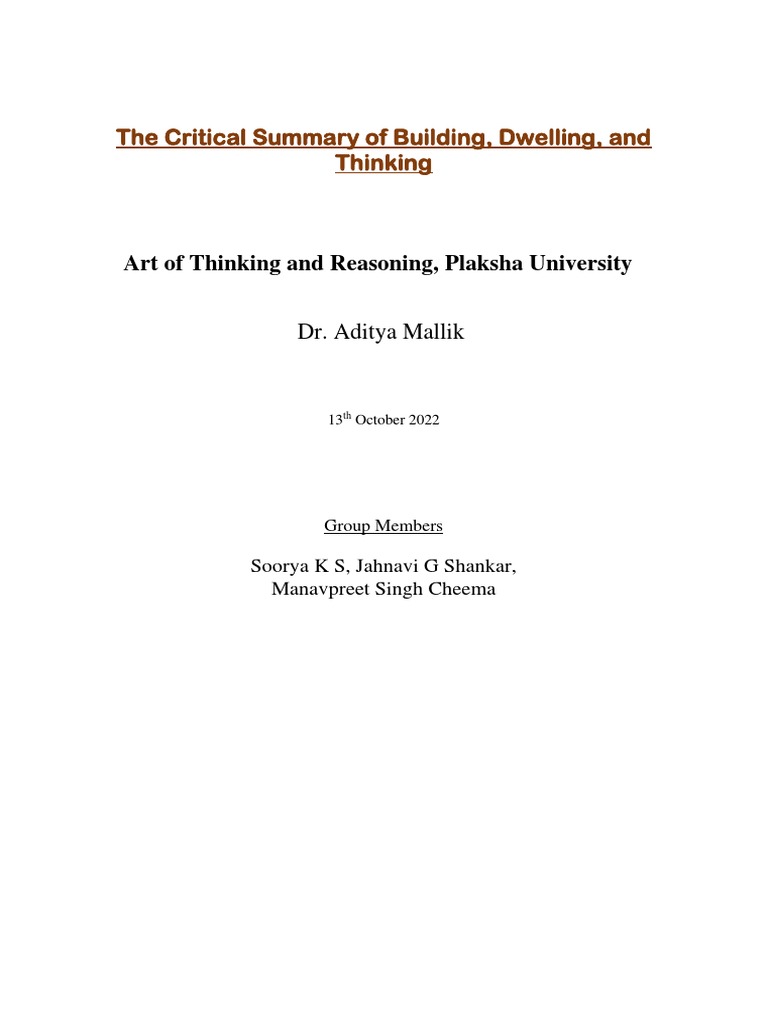 Building, Dwelling, Thinking-Critical Summay | PDF | Thought | Cognitive Science
