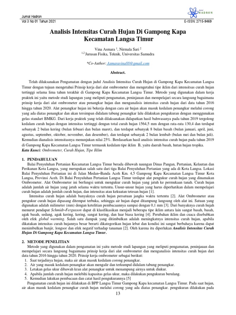 Analisis Intensitas Curah Hujan Di Gampong Kapa Kecamatan Langsa Timur | PDF
