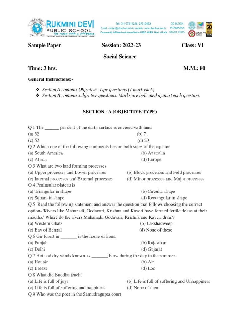 Sample Paper Class VI | PDF | Physical Geography | Earth Sciences