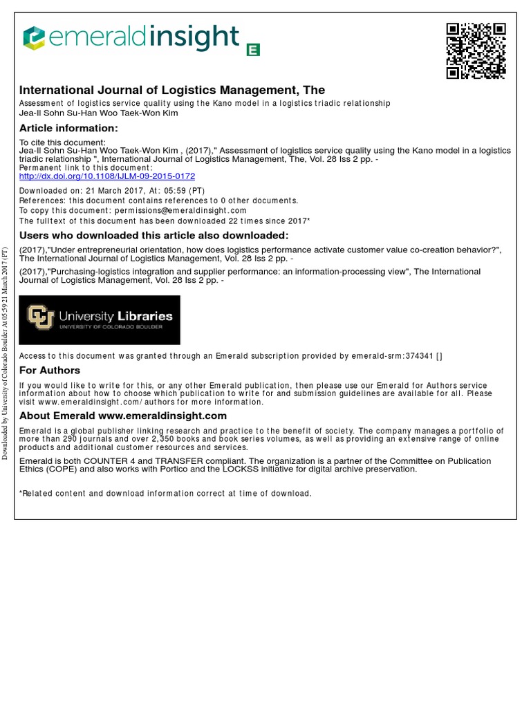 Assessment of Logistics Service Quality Using The Kano Model in A Logistics-Triadic Relationship ...