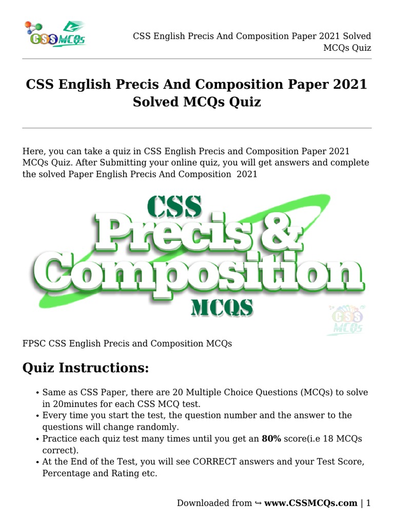 CSS English Precis and Composition Paper 2021 Solved MCQs Quiz | Download Free PDF | Multiple ...