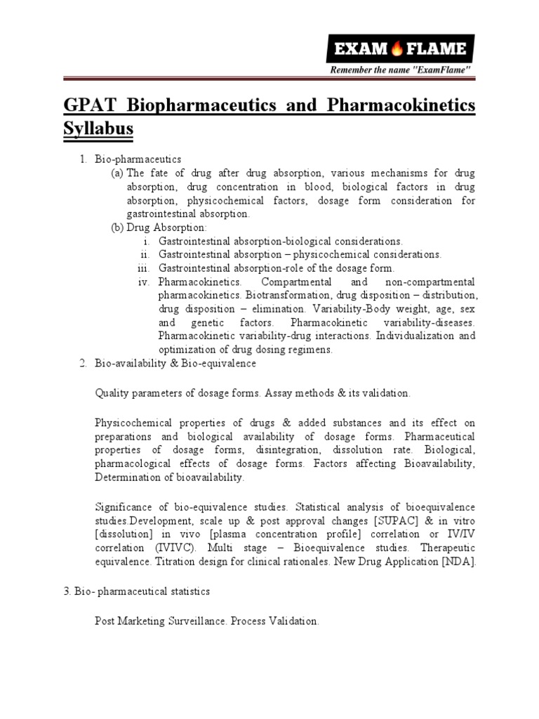 GPAT Biopharmaceutics and Pharmacokinetics Syllabus | PDF