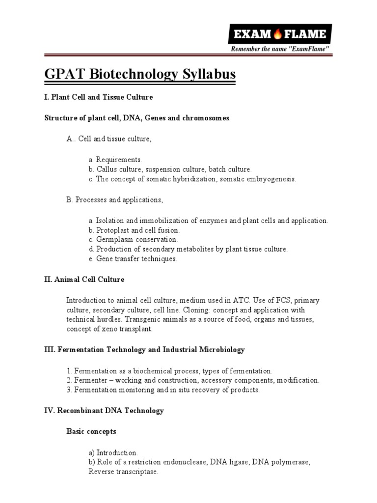 GPAT Biotechnology Syllabus | PDF | Molecular Cloning | Recombinant Dna