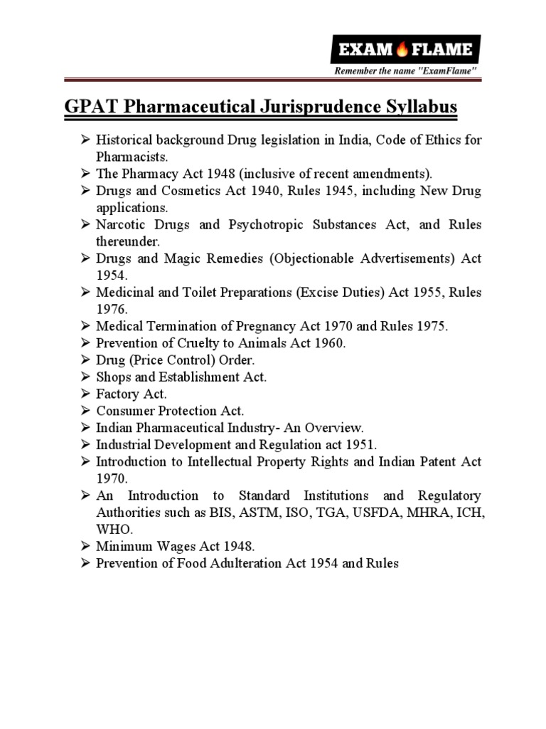 GPAT Pharmaceutical Jurisprudence Syllabus | PDF