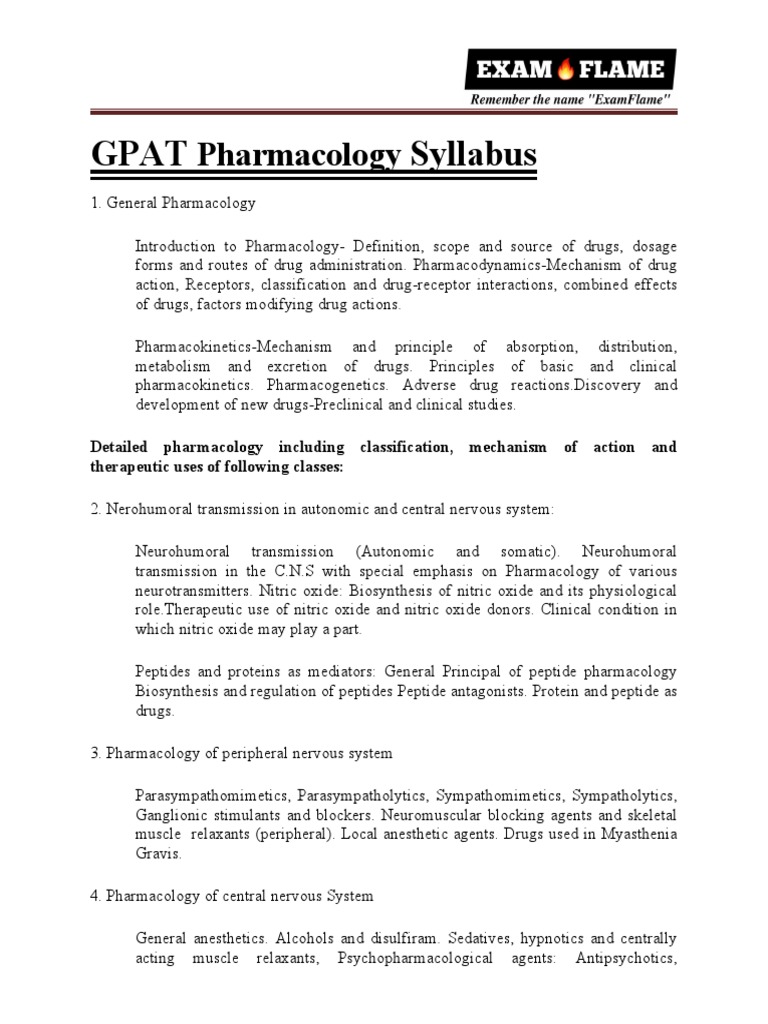 GPAT Pharmacology Syllabus | PDF | Pharmacology | Drugs