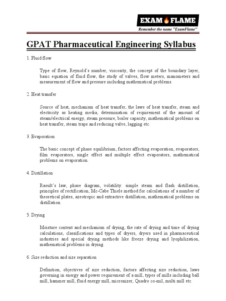 GPAT Pharmaceutical Engineering Syllabus | PDF | Distillation | Filtration