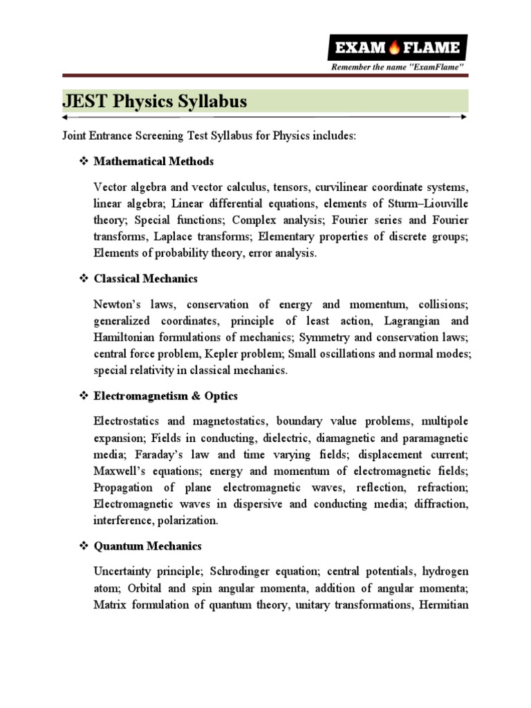 JEST Physics Syllabus | PDF