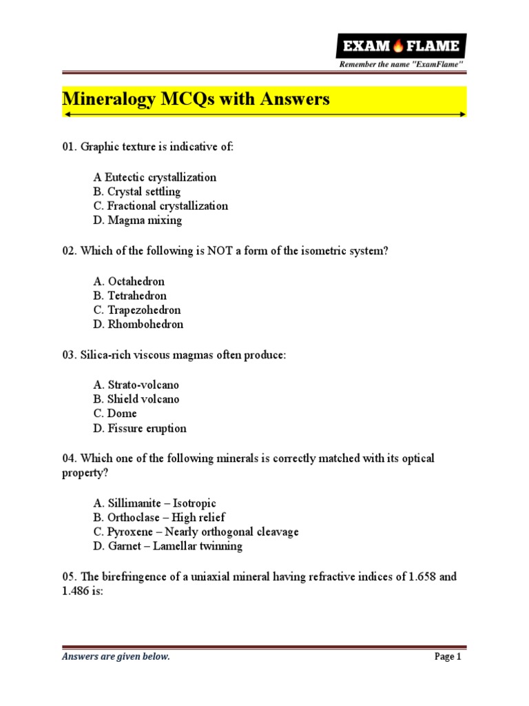 Mineralogy MCQs With Answer | PDF | Minerals | Geology