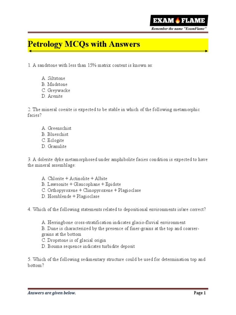 Petrology MCQs With Answer | PDF | Rock (Geology) | Igneous Rock