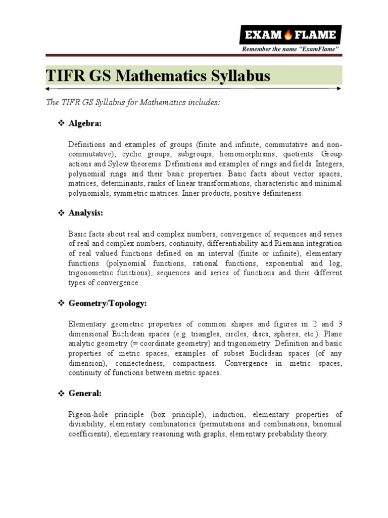 TIFR GS Mathematics Syllabus | PDF