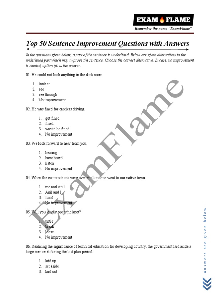 Top 50 Sentence Improvement Questions With Answers | PDF