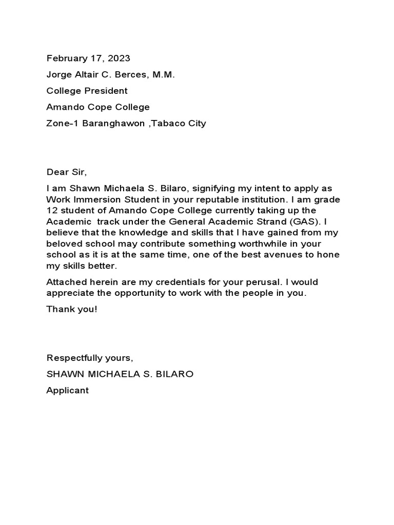 Work Immersion Application Letter | PDF