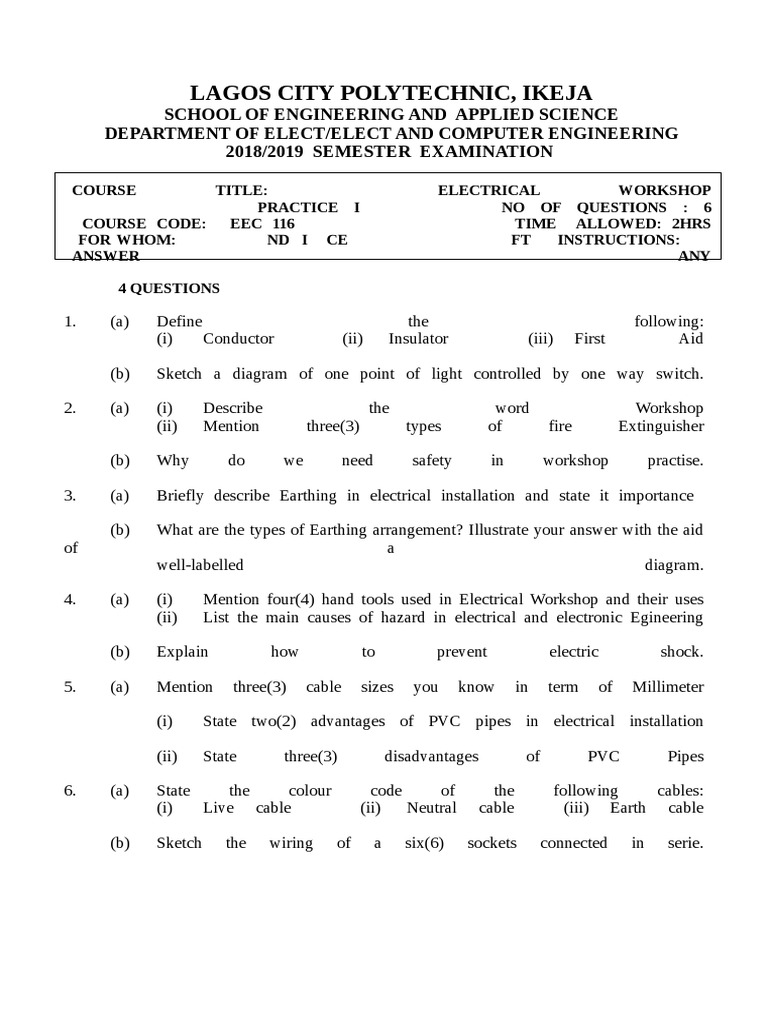 Electrical Workshop Practice 1 Eec 116 ND 116 ND 1 Ce | PDF | Electrical Wiring | Electrical ...