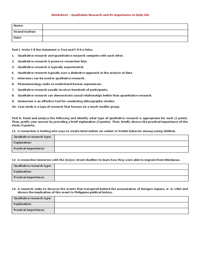 (Worksheet) Qualitative Research and Its Importance in Daily Life | PDF