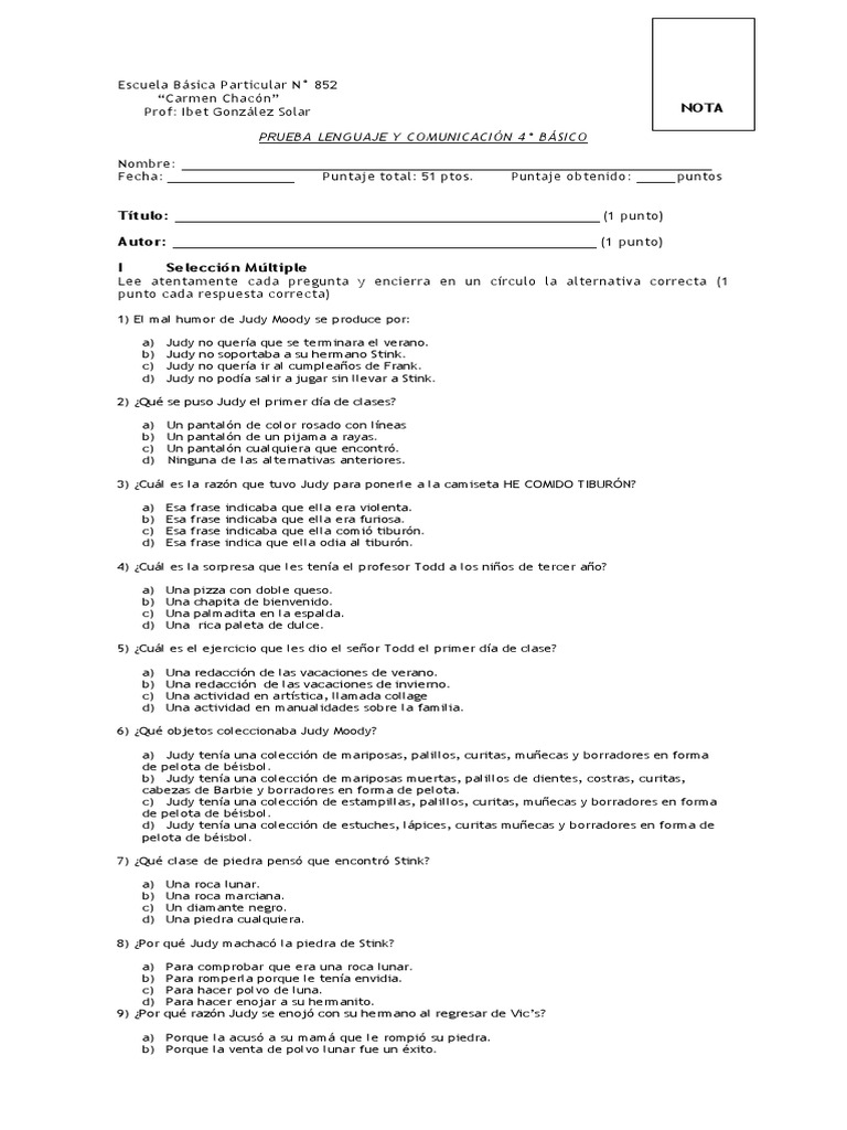 PDF 01 Prueba Libro Judy Moody Esta de Mal Humor | PDF | Ocio