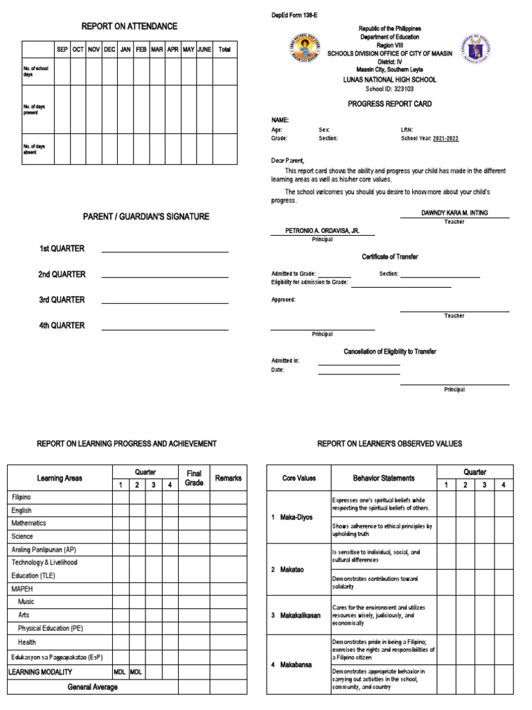 DEPED FORM 138 Jhs | PDF