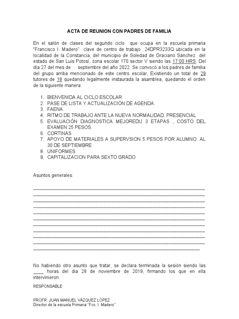 Acta de Reunion Con Padres de Familia Quinto y Sexto Grado1era | PDF | Finanzas y dinero