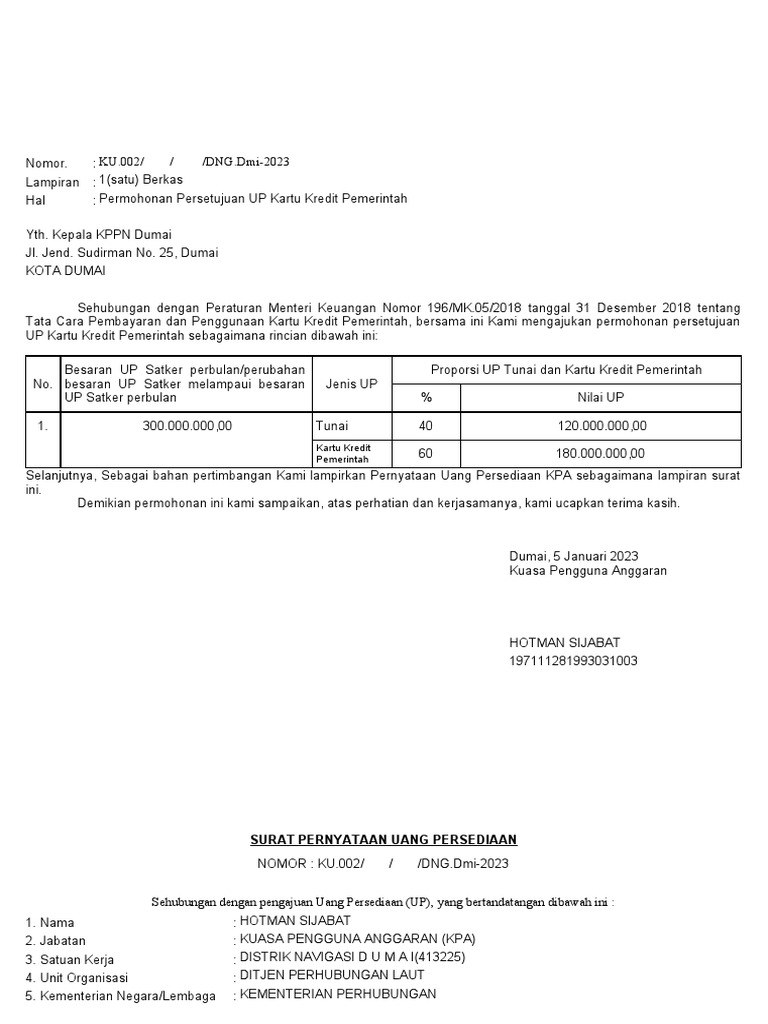 Permohonan Persetujuan Uang Persediaan 00001_UP_413225_2023 | PDF