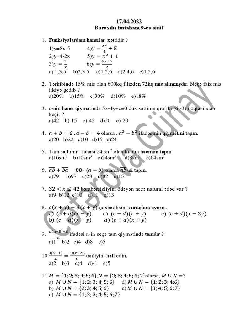 17 Aprel Buraxilis Imtahani 9-Cu Sinif | PDF