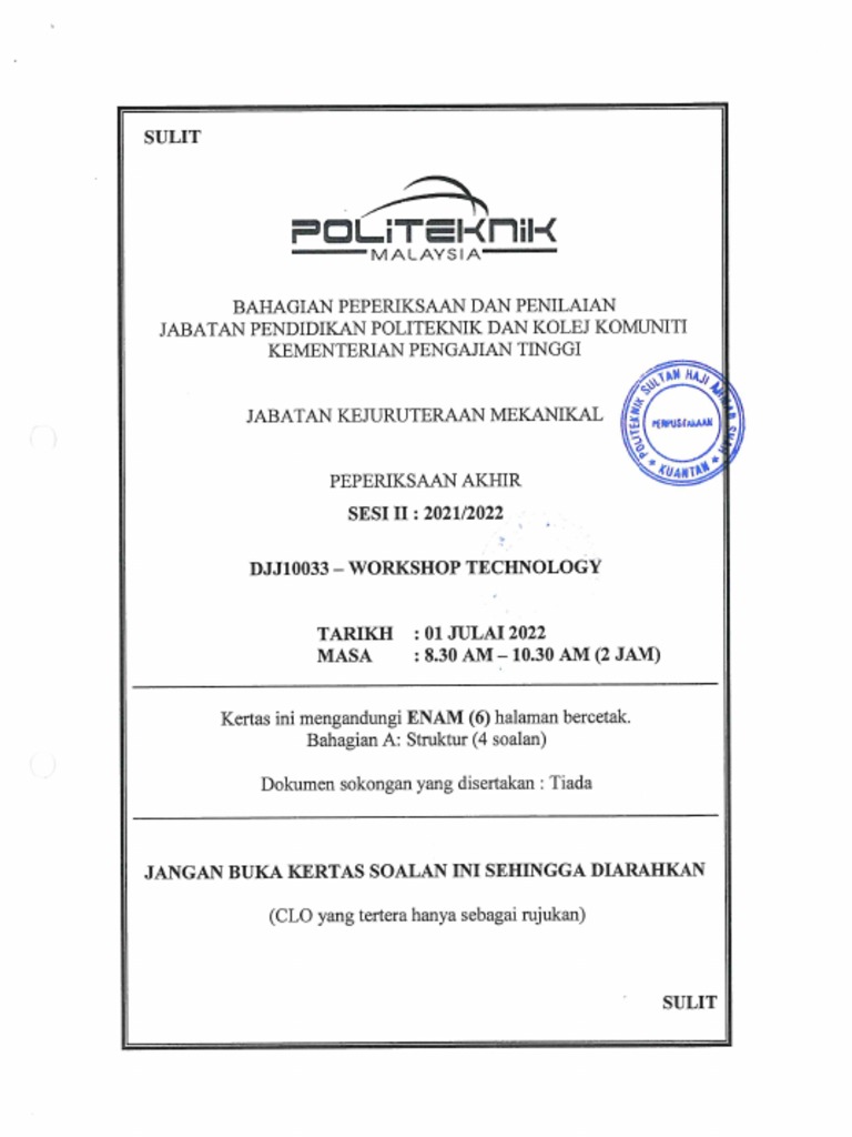 DJJ10033 Workshop Technology Sesi Ii Julai 2022 | PDF