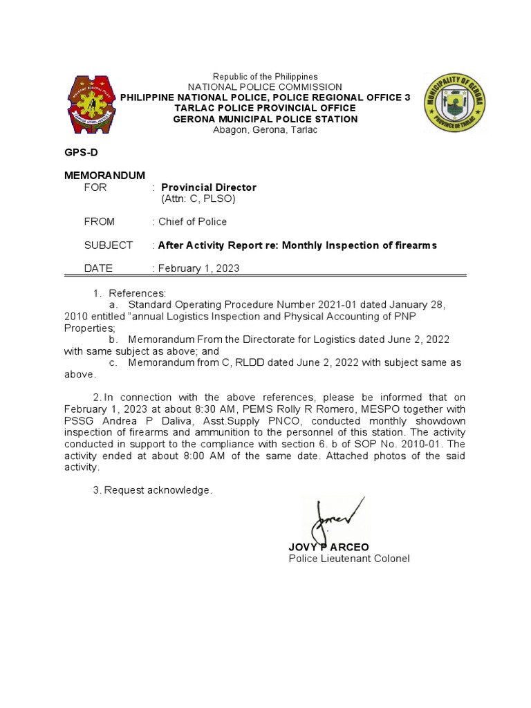 Monthly Firearms Inspection Report from Gerona Municipal Police Station ...